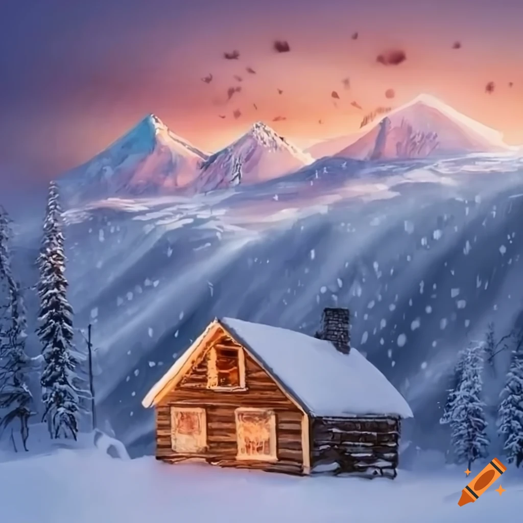 Winter storm cabin against a mountain