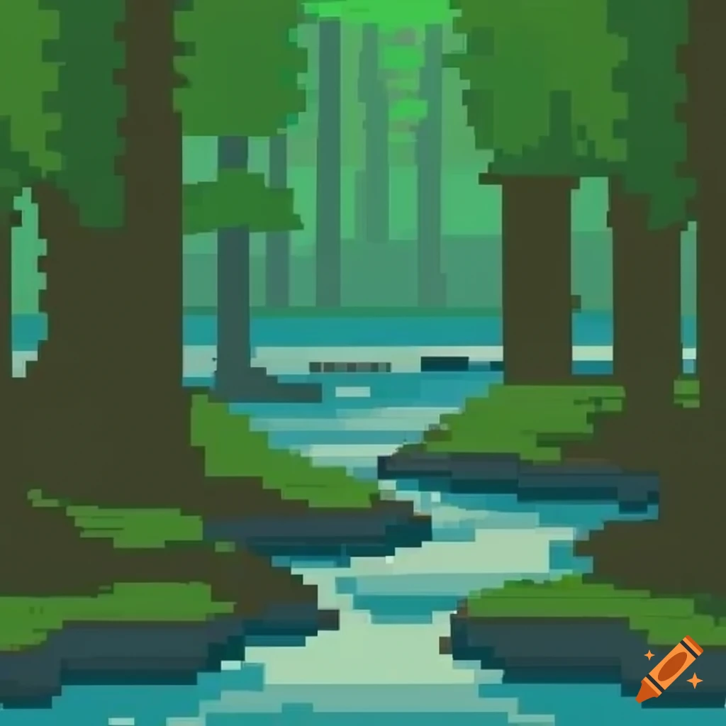 8-bit style forest background with a river