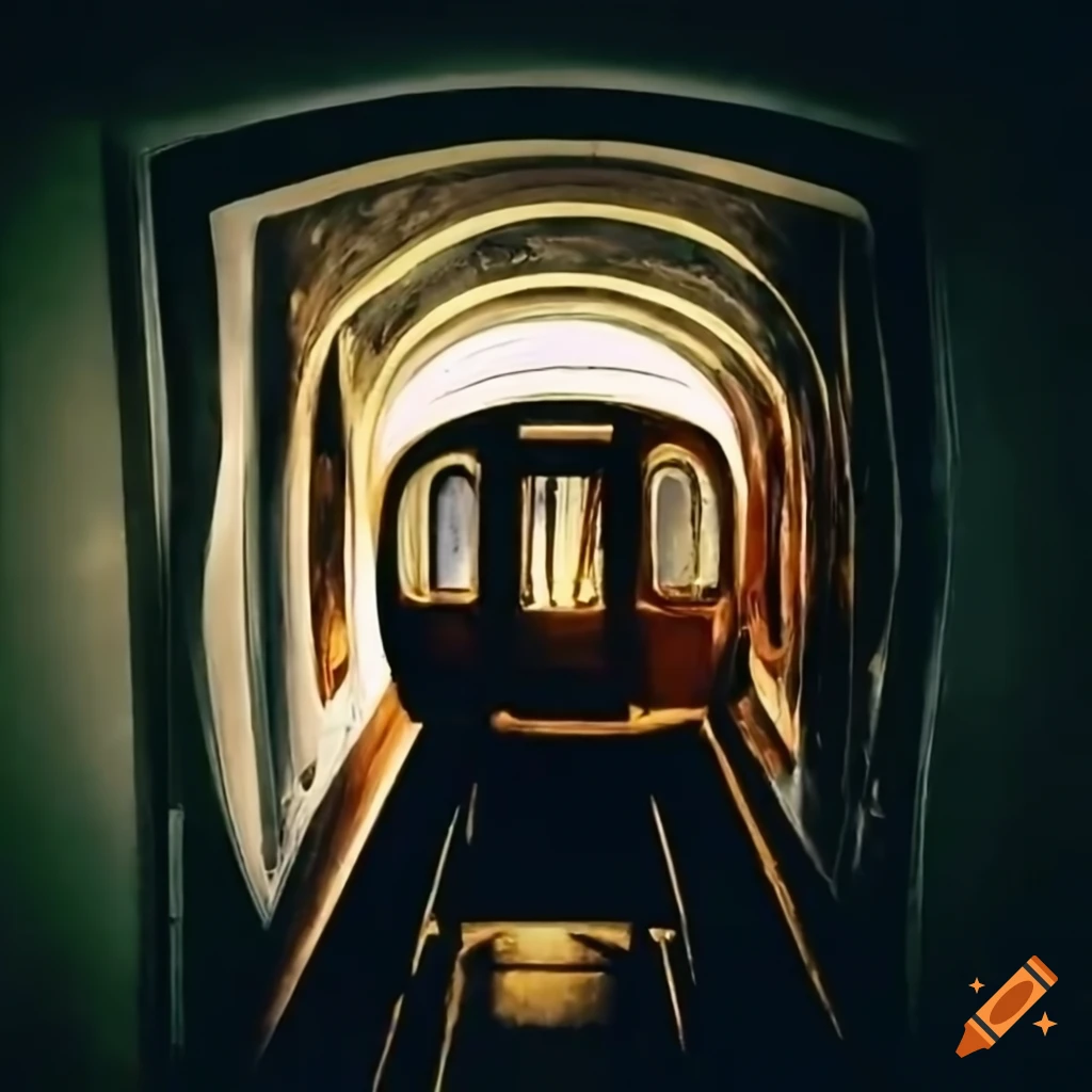 El greco style painting of people on a train in london on Craiyon