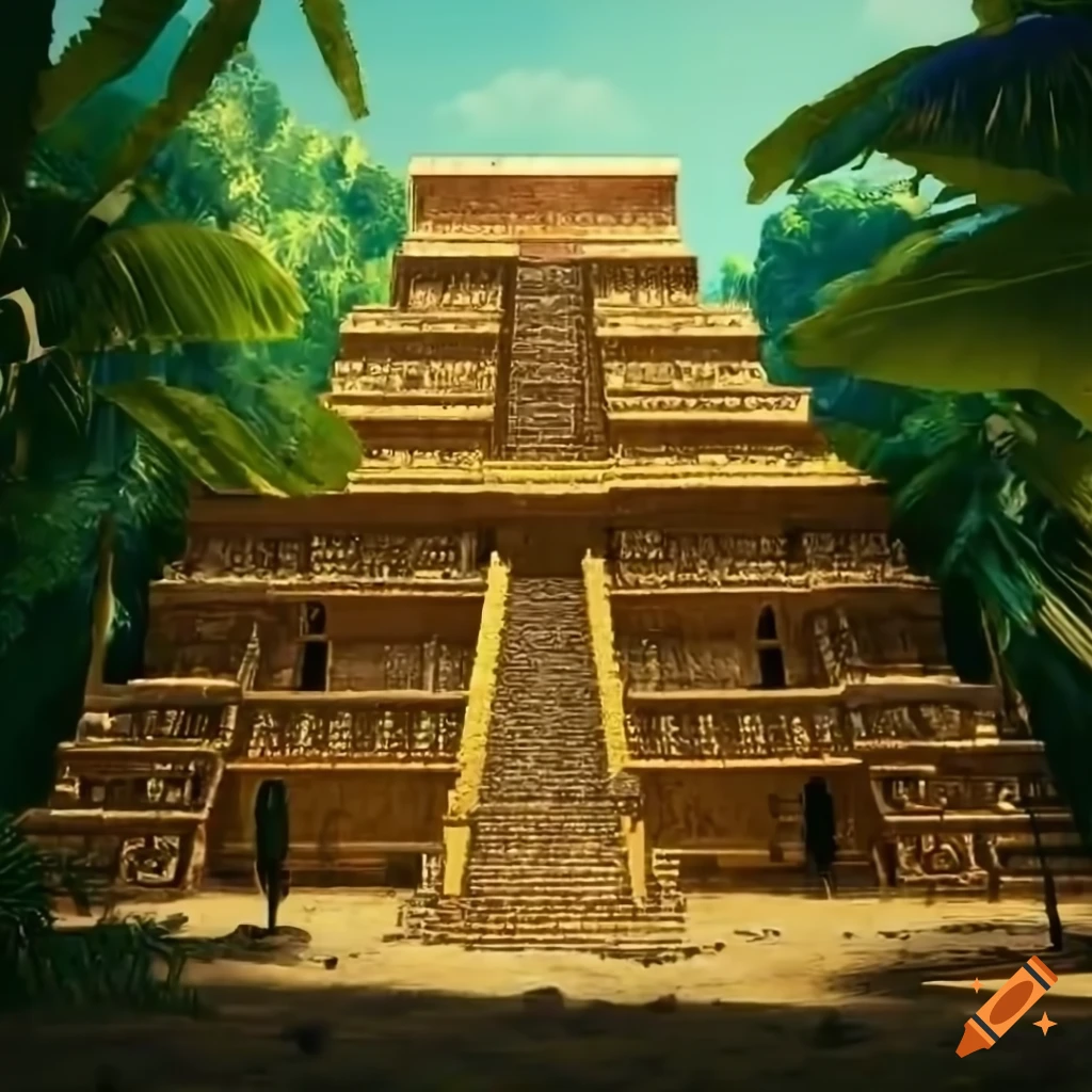 3d rendering of a golden aztec temple in a tropical forest