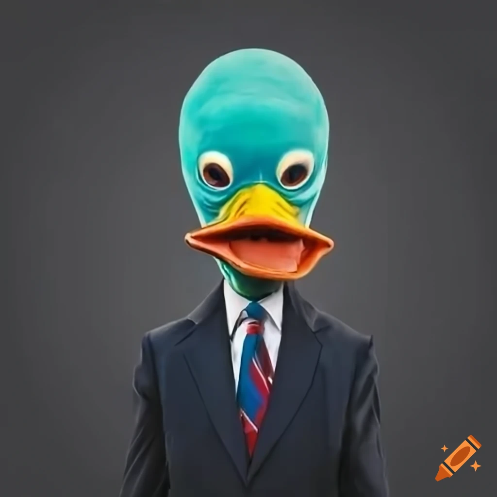 Humorous image of a man in a duck mask welcoming aliens on Craiyon