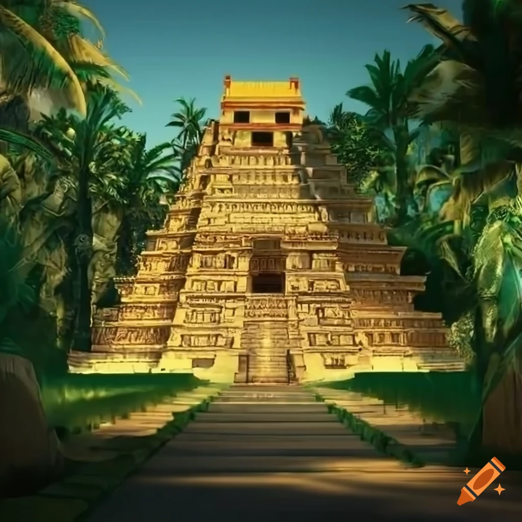 3d rendering of a golden aztec temple in a tropical forest