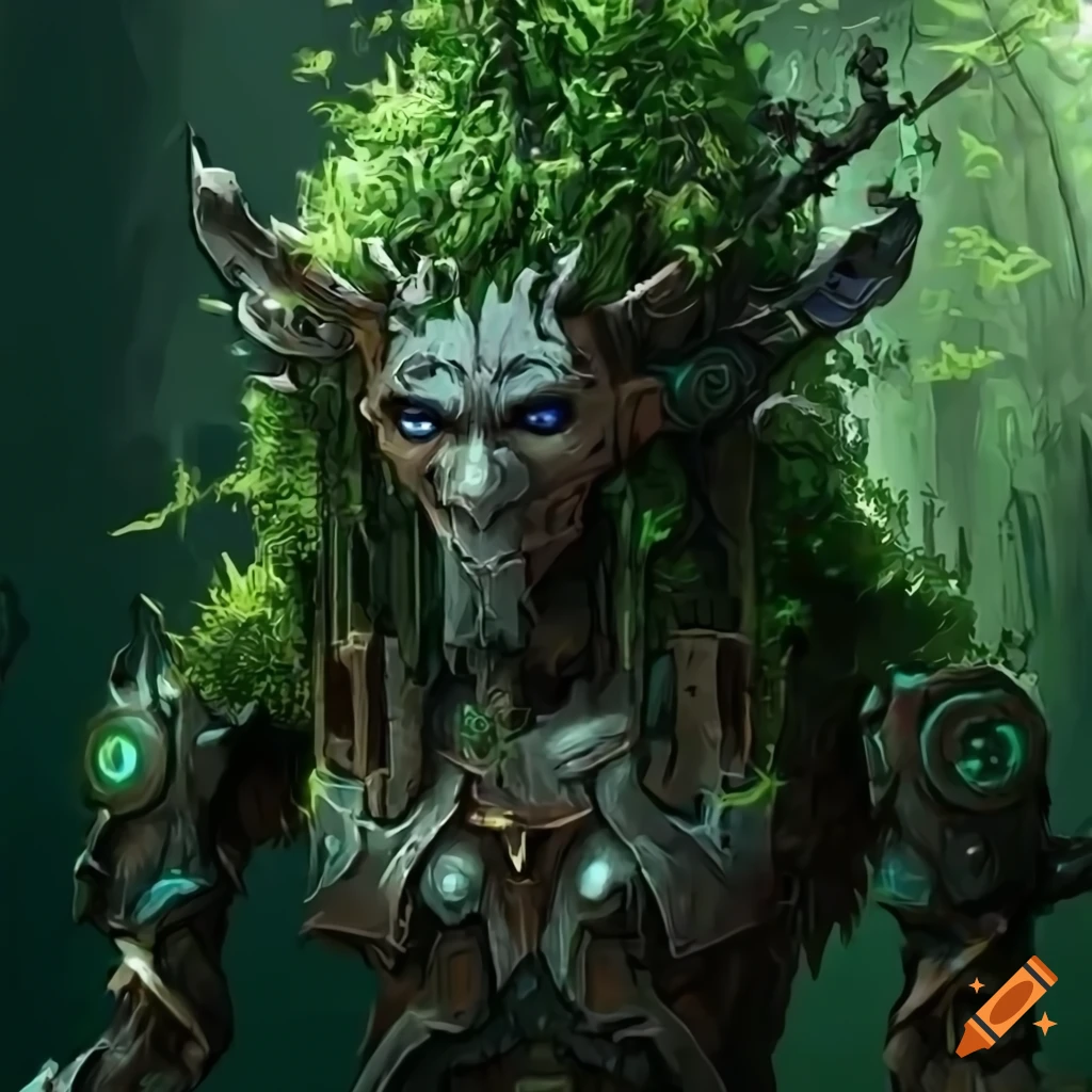 High-resolution image of a futuristic overgrown male robot druid on Craiyon