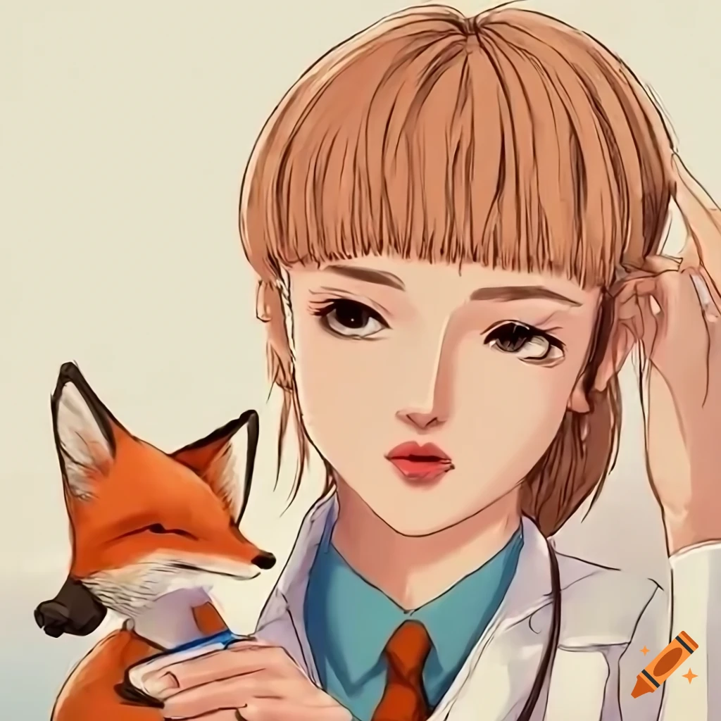 Anime illustration of a woman caring for a fox cub on Craiyon