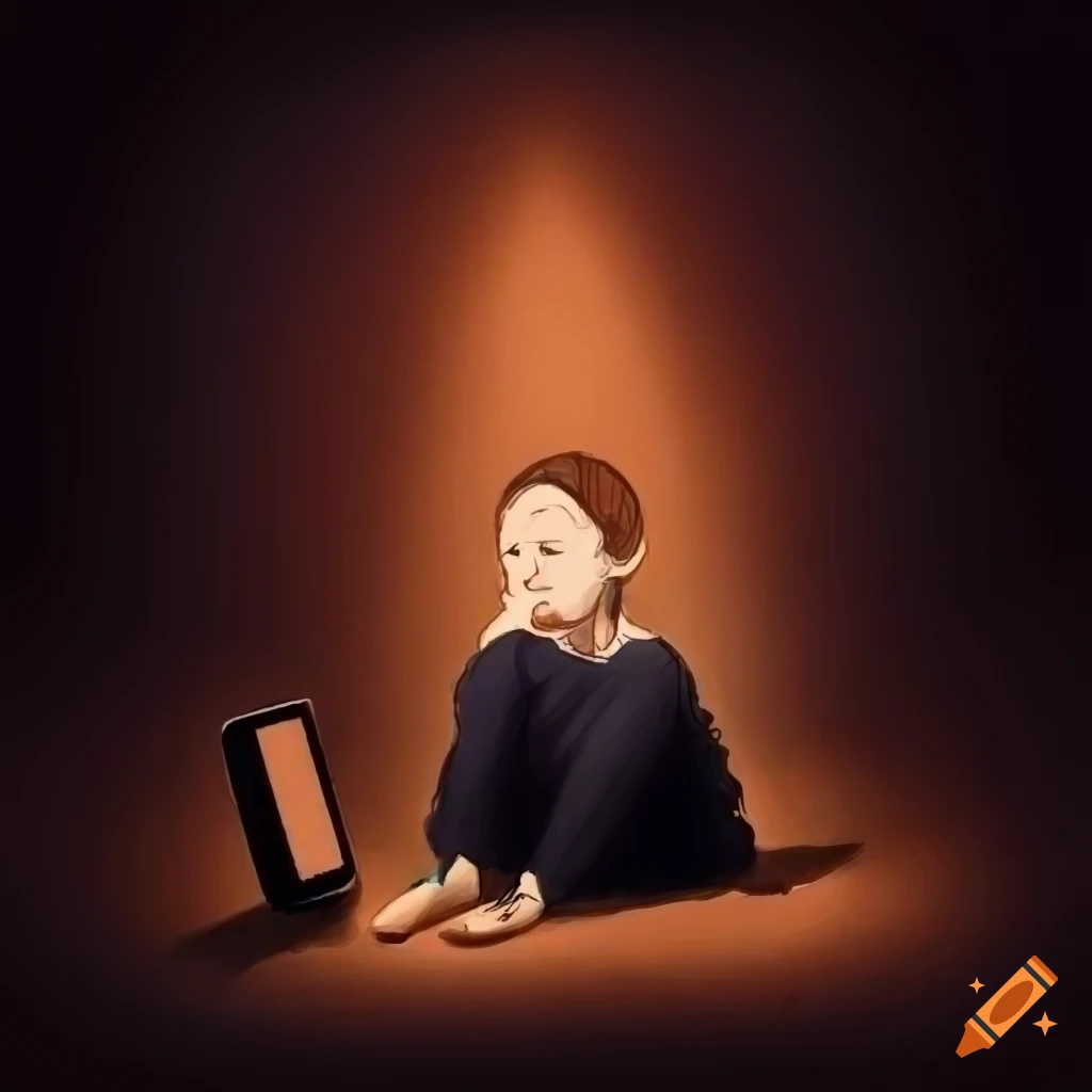 Drawing of a person sitting in a cozy room with a large smartphone on ...