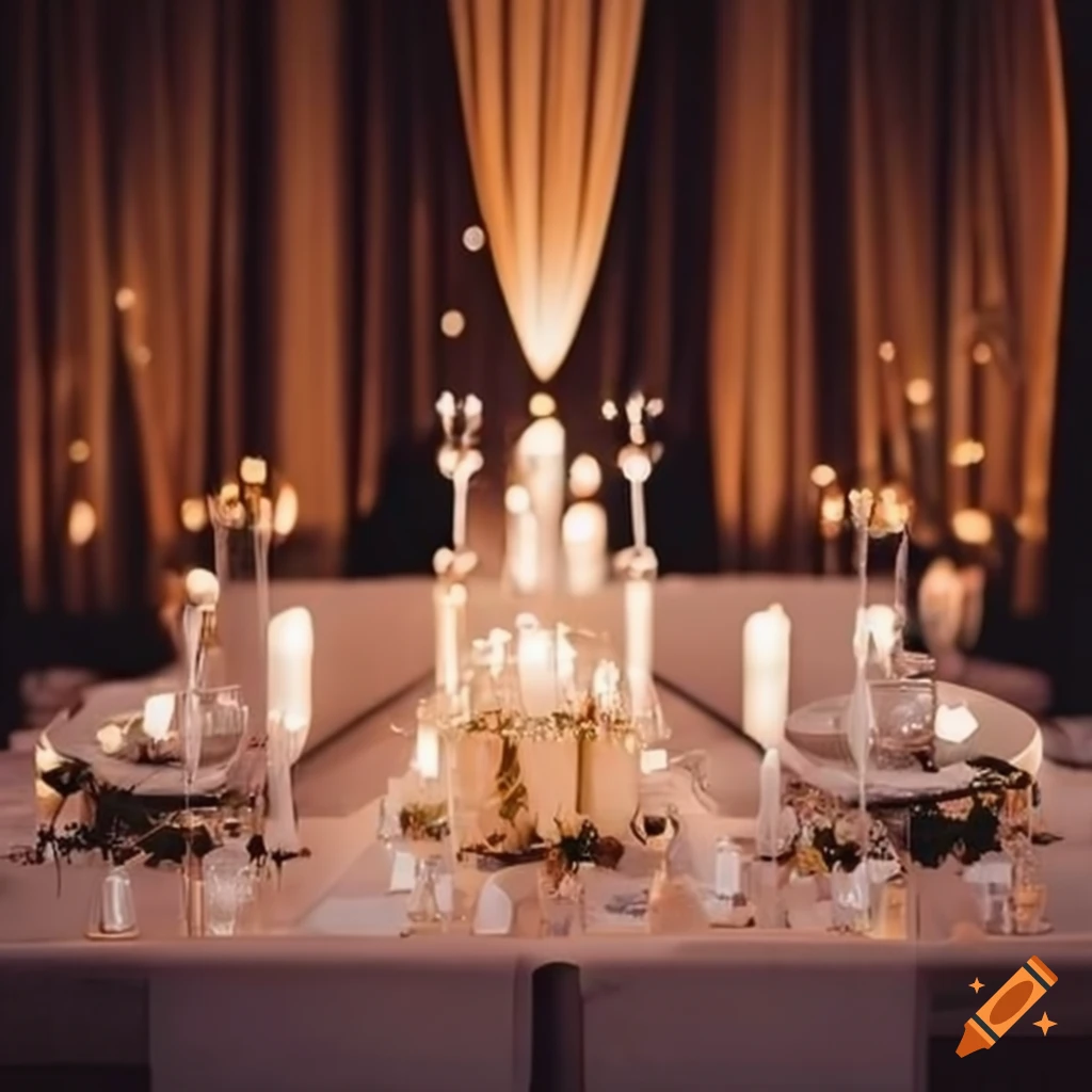 Elegant event setup with long table and white lighting on Craiyon