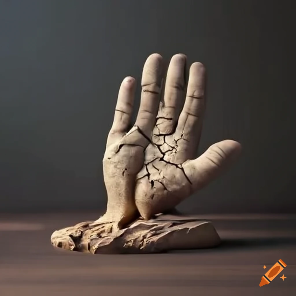Sculpture of a hand made out of cracked rock