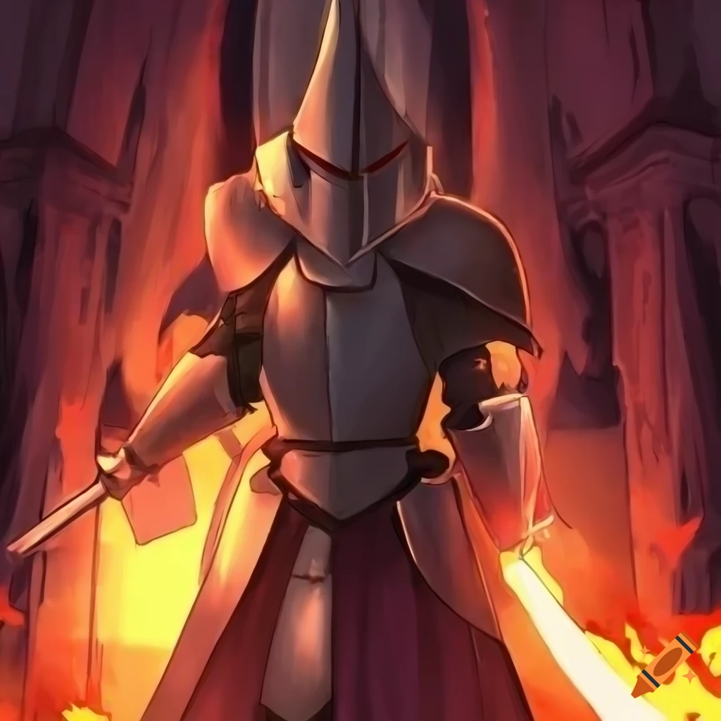 Anime-style knight and guard captain by the fire