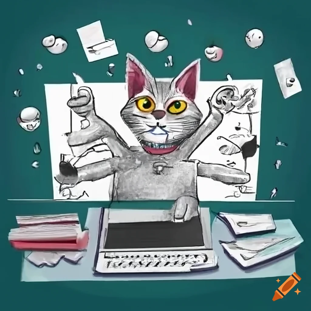 Cartoon cat multitasking on a computer