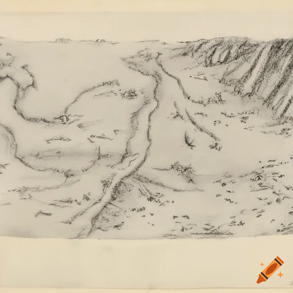 Charcoal map of an island with a volcano, jungle, and redwood forest