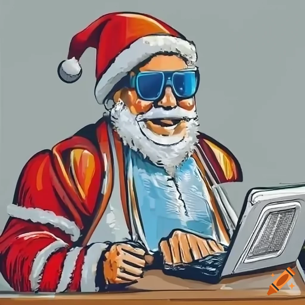 Santa working on a computer with sunglasses on Craiyon