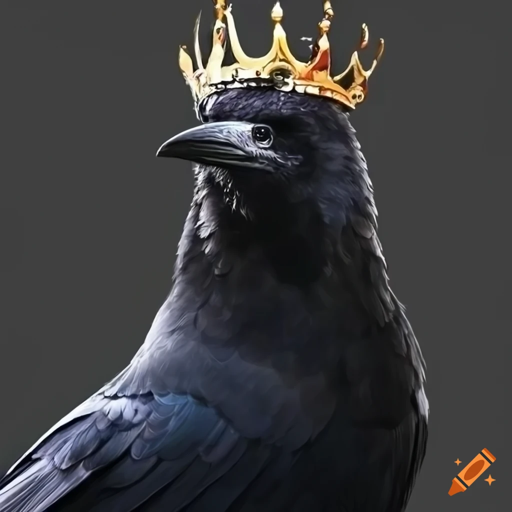 King crow wearing a crown on a city skyline backdrop on Craiyon