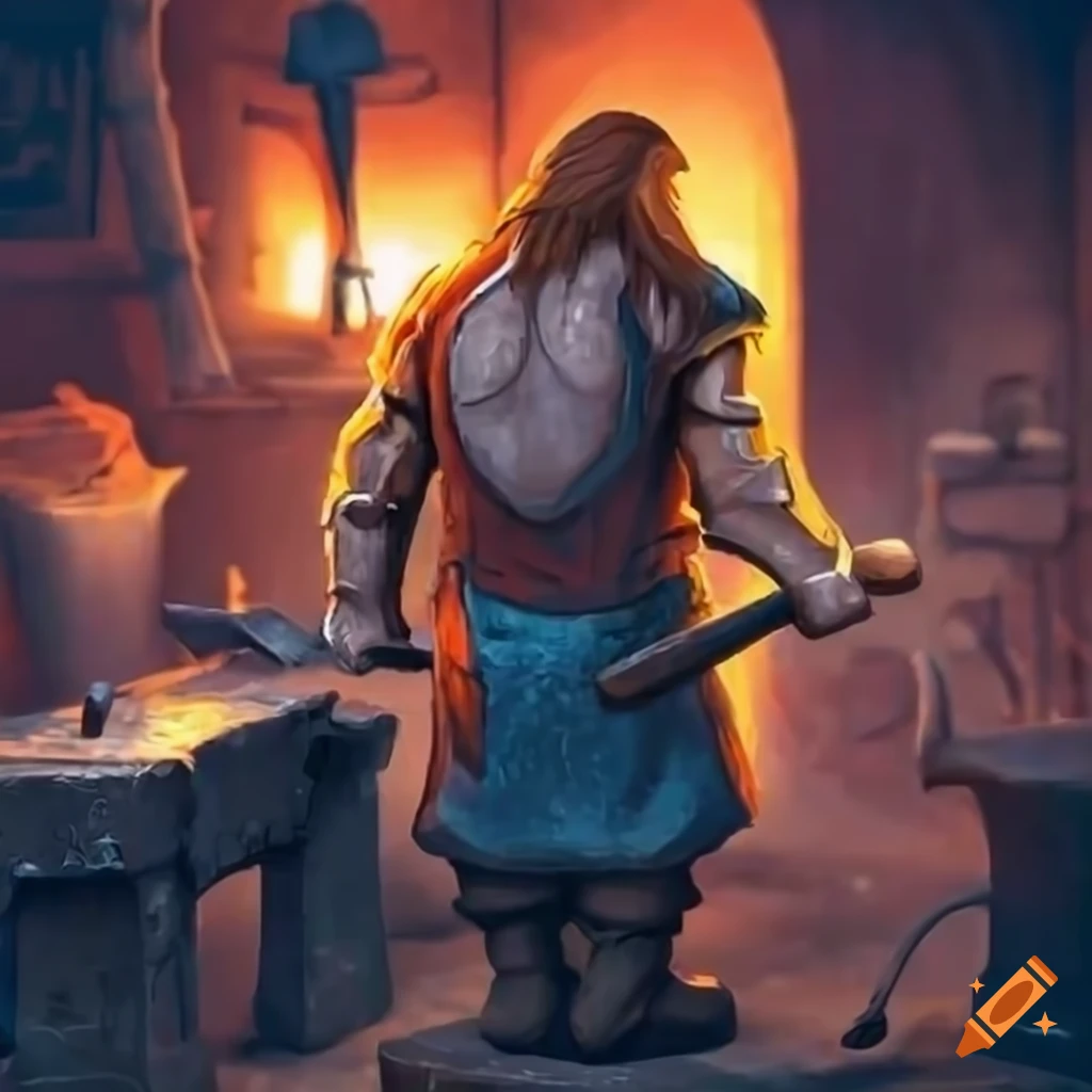 Fantasy dwarf blacksmith hammering a sword in a forge on Craiyon