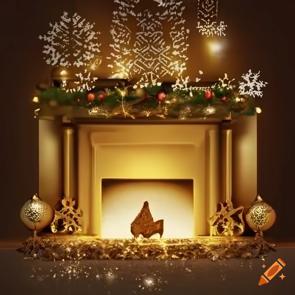 Golden fireplace with Christmas decorations and typography on Craiyon