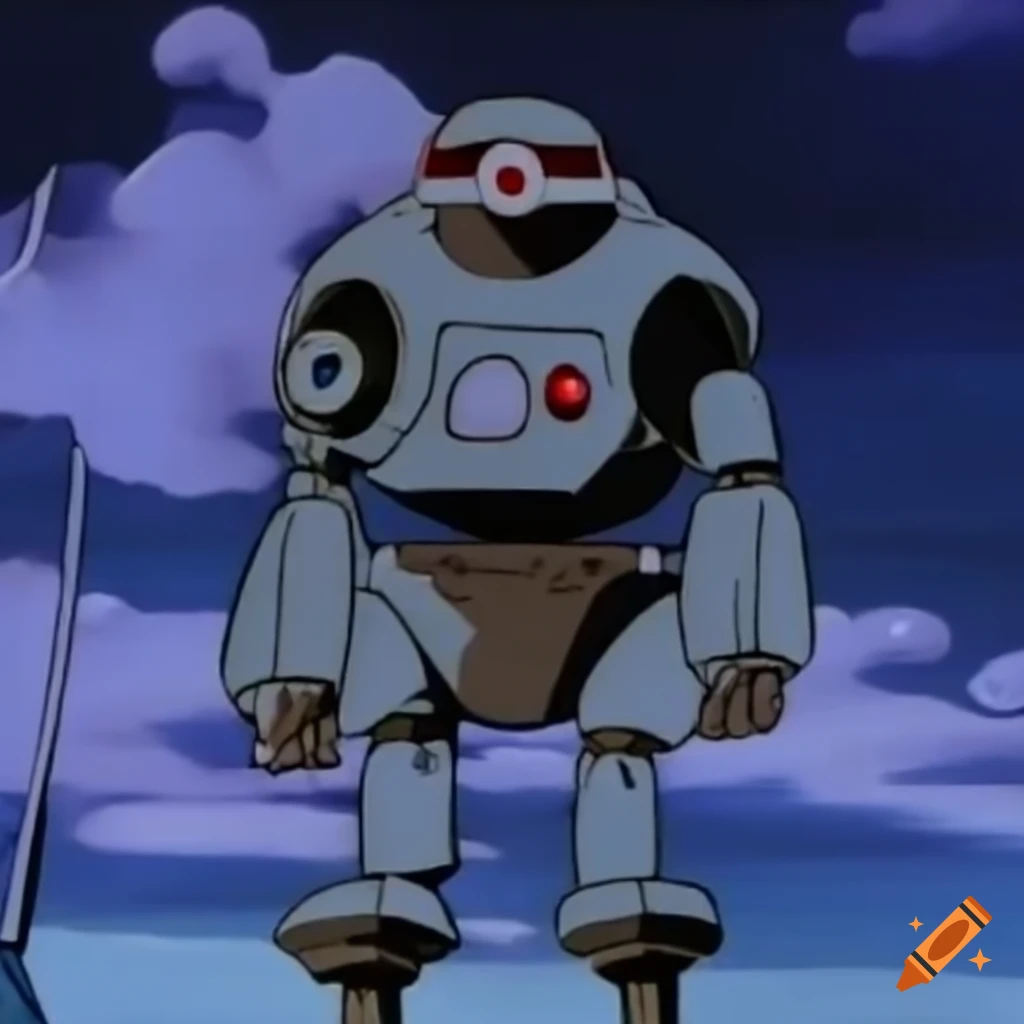 Grey robot playing soccer in a 90's ova style