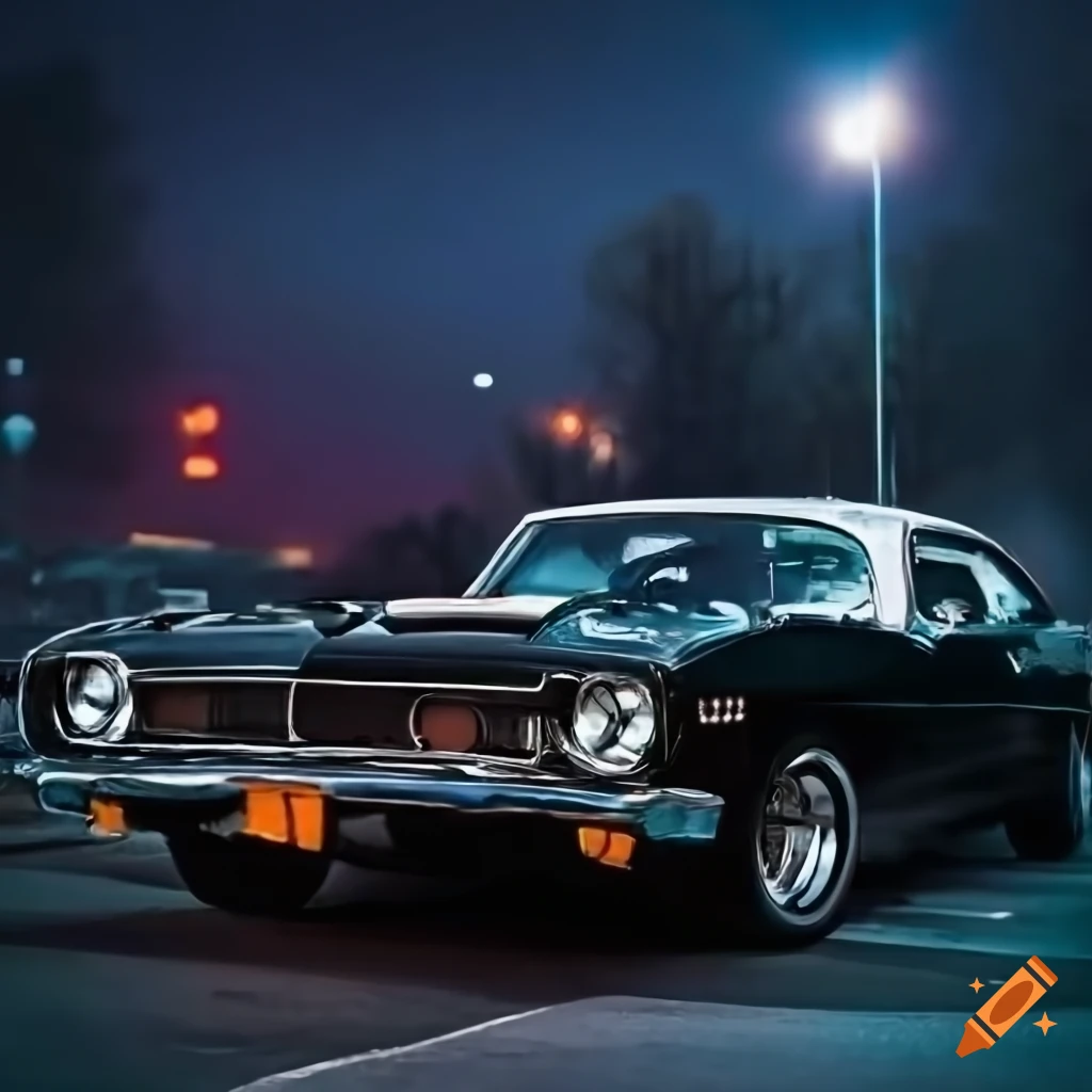 Nighttime photo of an old style muscle car parked under a streetlight ...