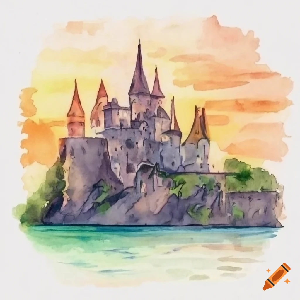 Pencil drawing of a castle by a river on Craiyon