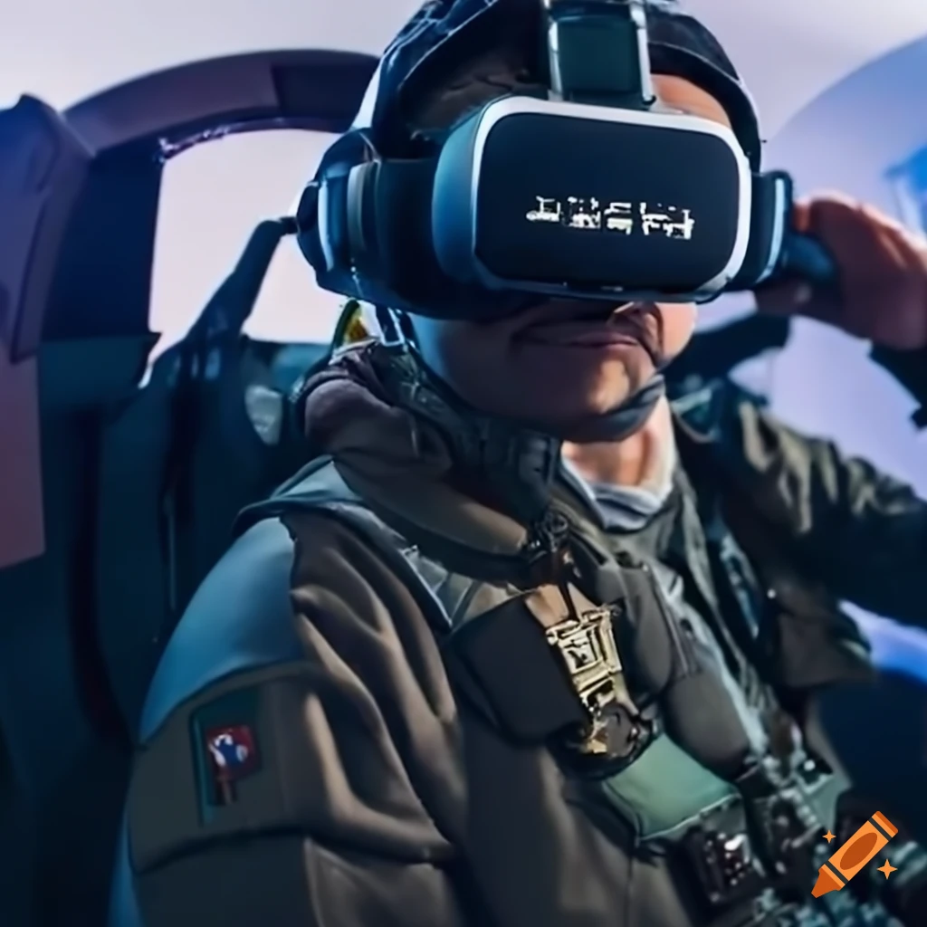 Jet fighter pilot in virtual reality simulator