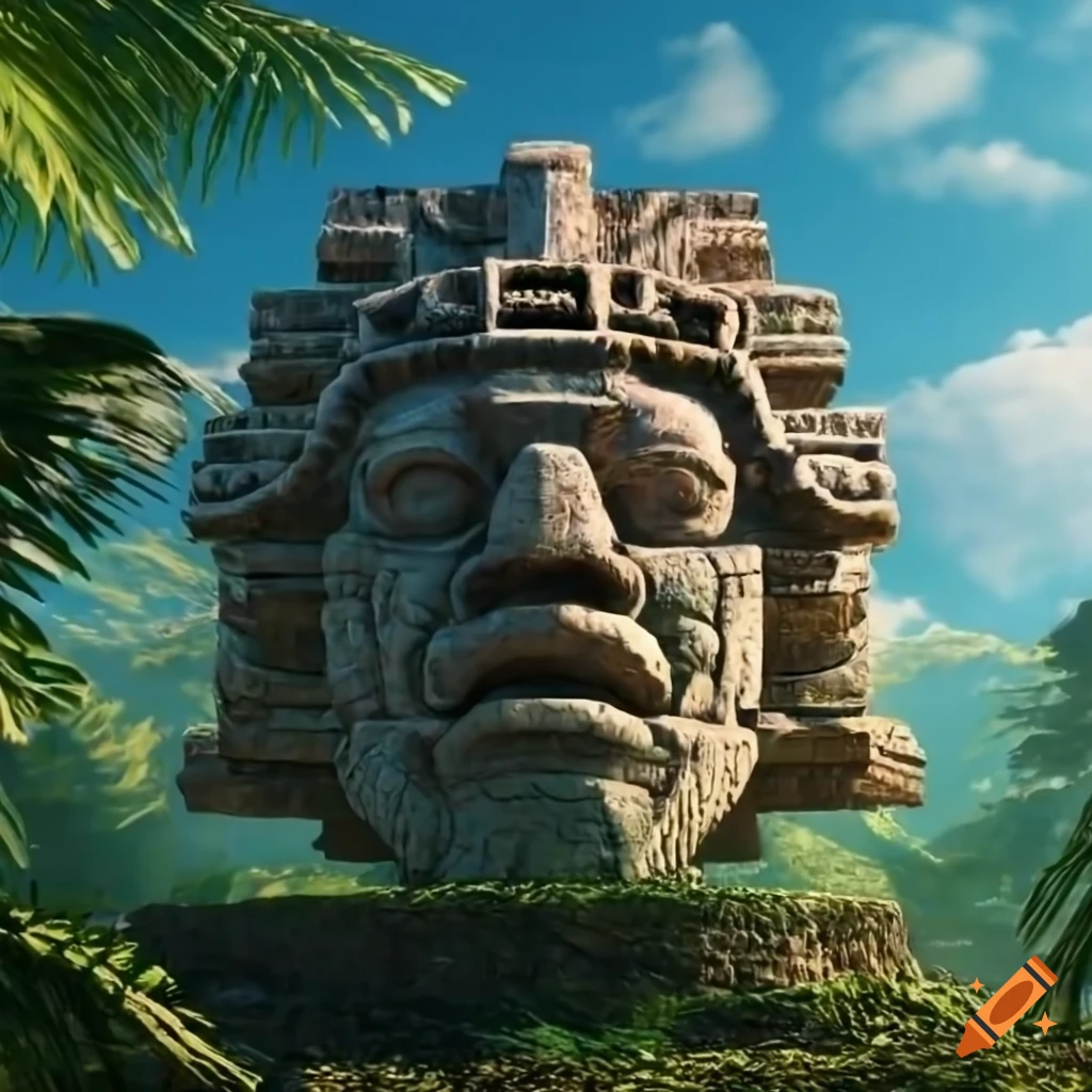 3D rendering of a stone Aztec head in a jungle on Craiyon
