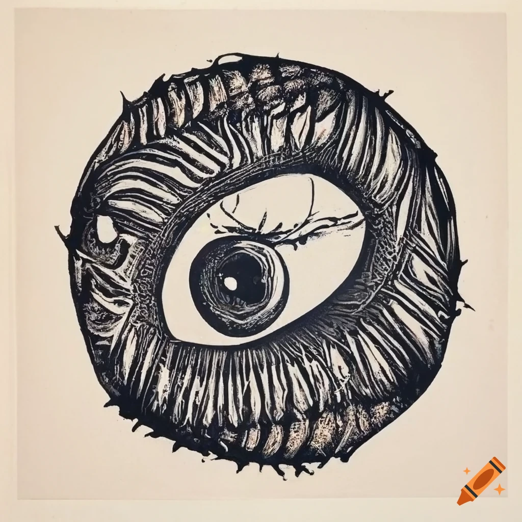 Lino print of an open eye with a barbed fishhook