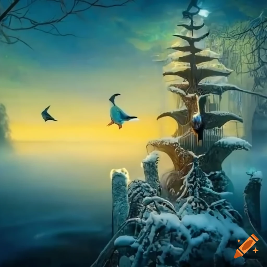 Surreal park with fantastical creatures, trees, and lamp posts on Craiyon