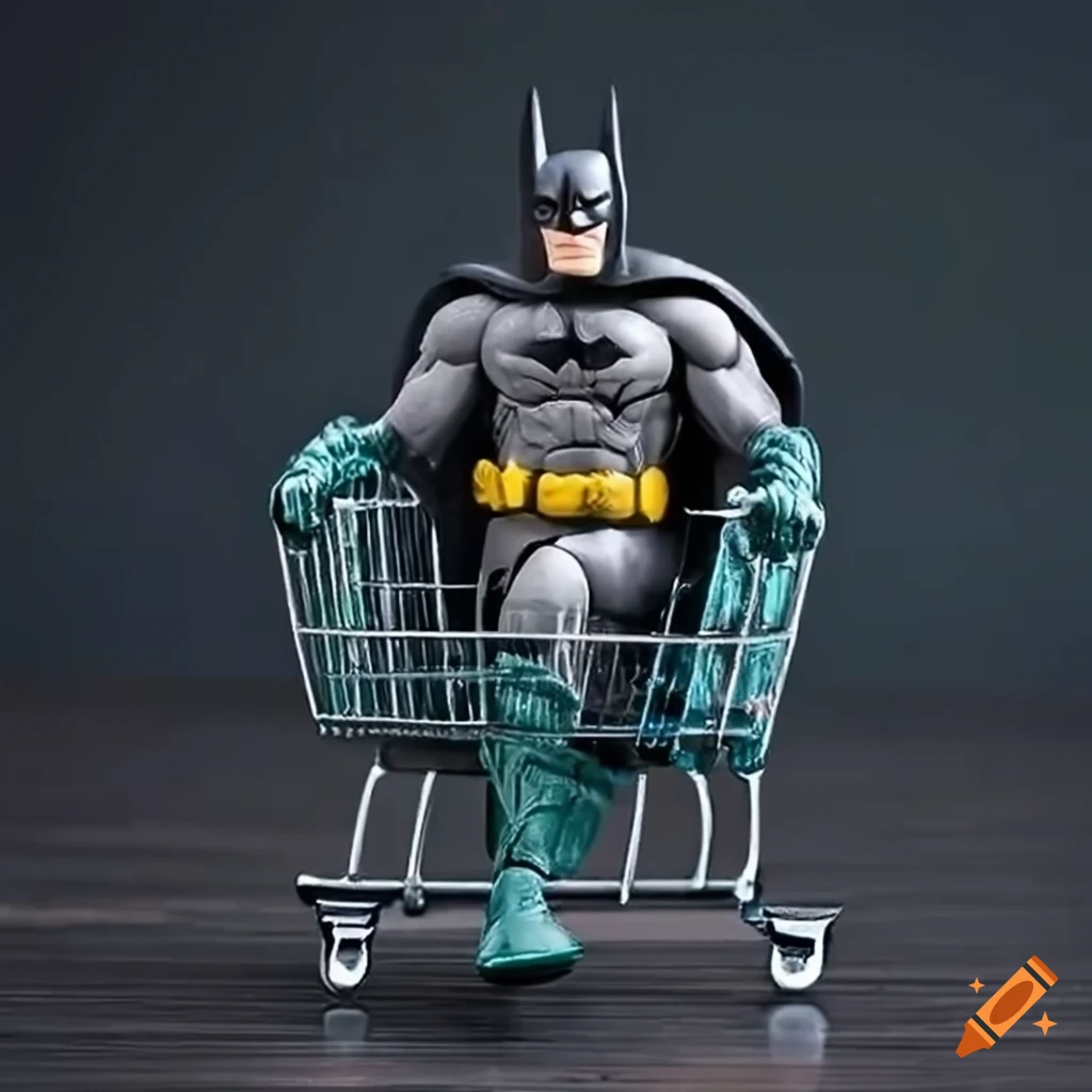 Batman action figure sitting in a shopping cart surrounded by money