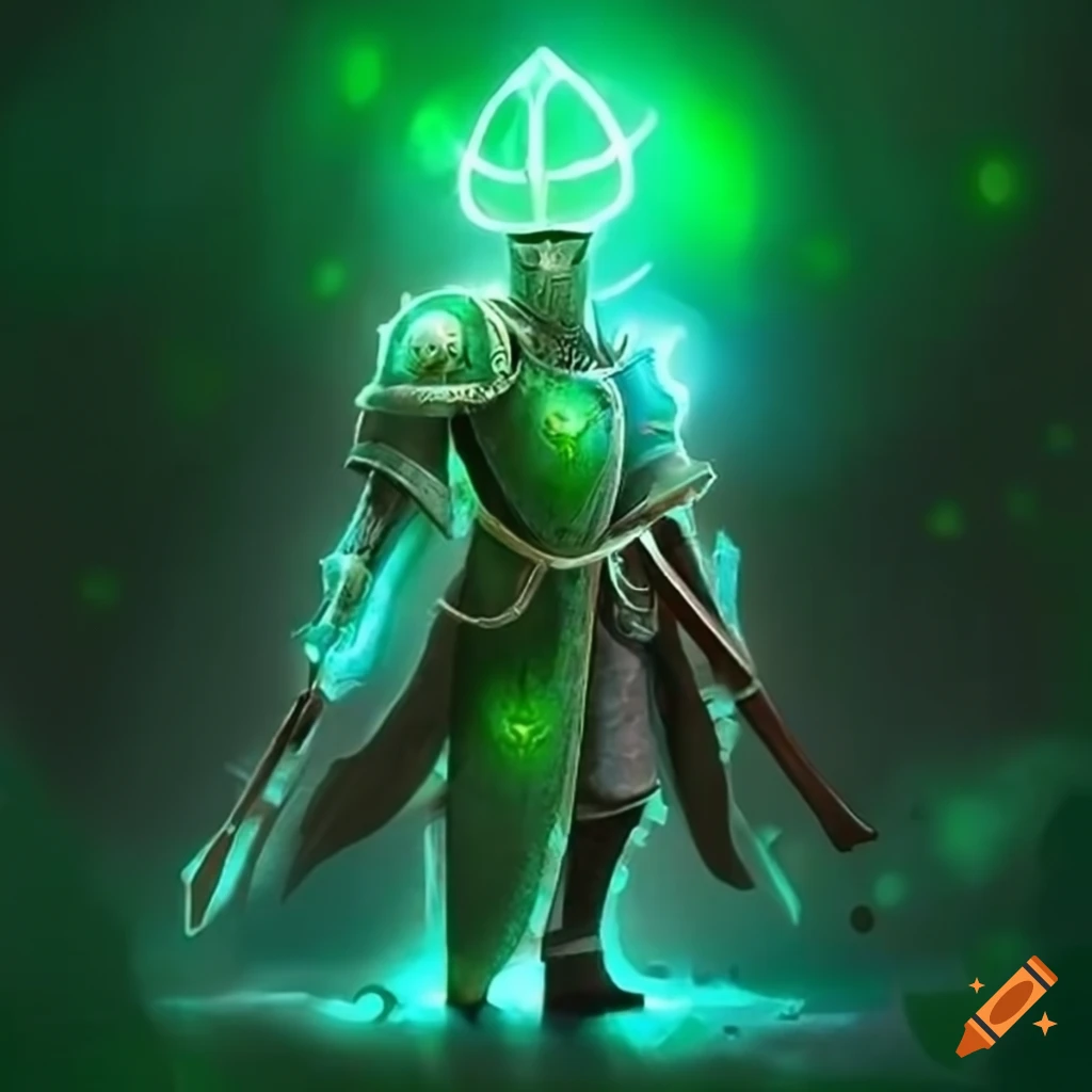 Knight with magical green glowing runes on armor on Craiyon
