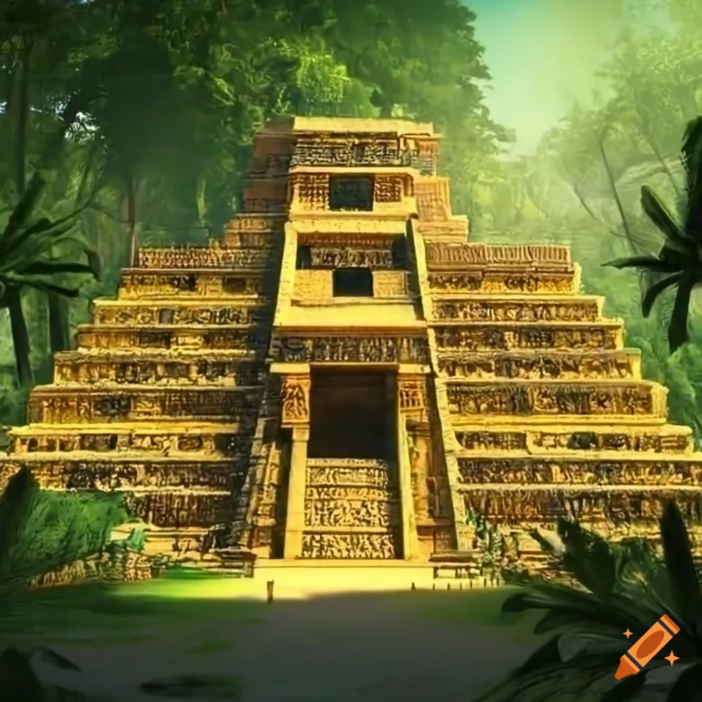3d rendering of a yellow aztec temple in the jungle on Craiyon