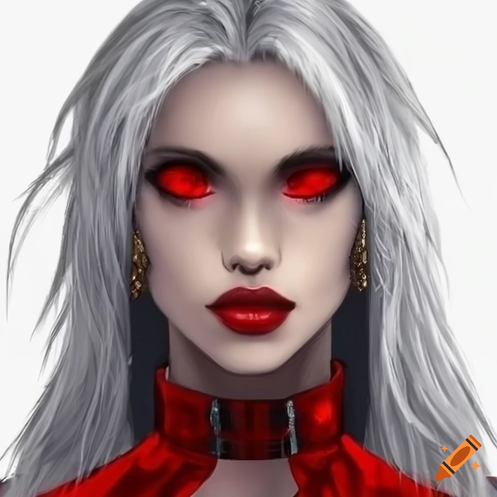 Headshot of a fierce female hero with silver hair and red eyes