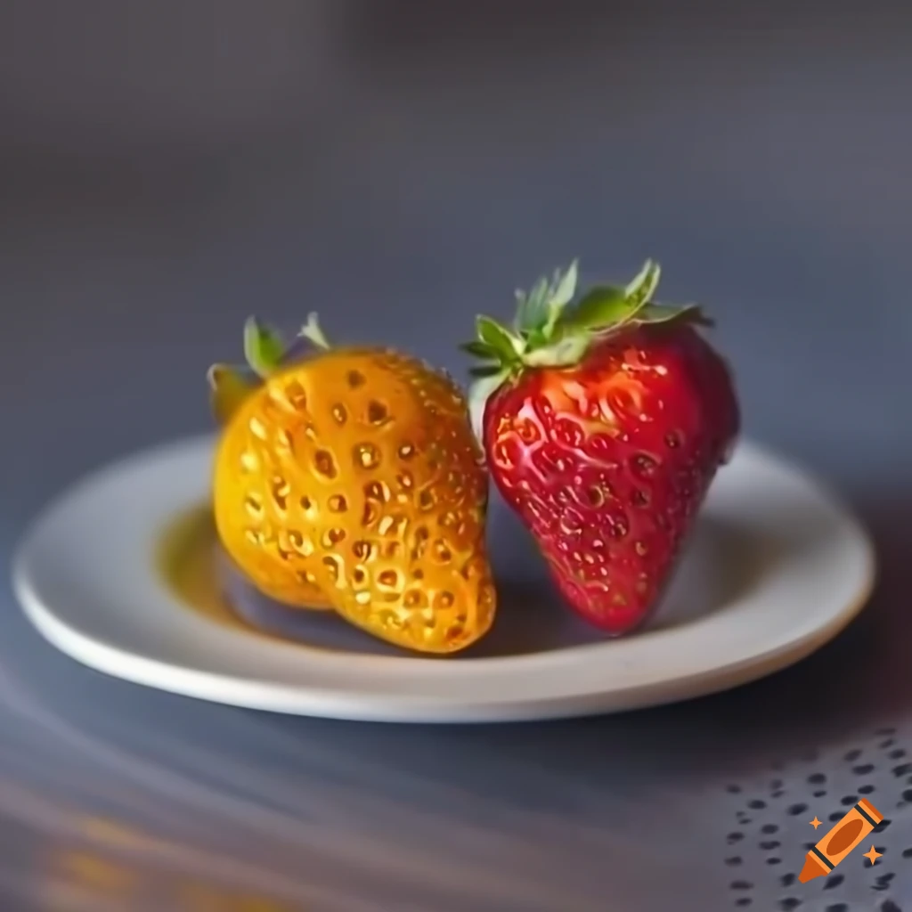 Plate with two ripe yellow strawberries on Craiyon