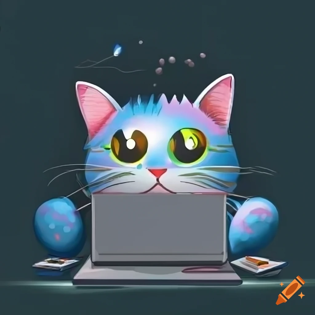 Cartoon cat coding on a laptop