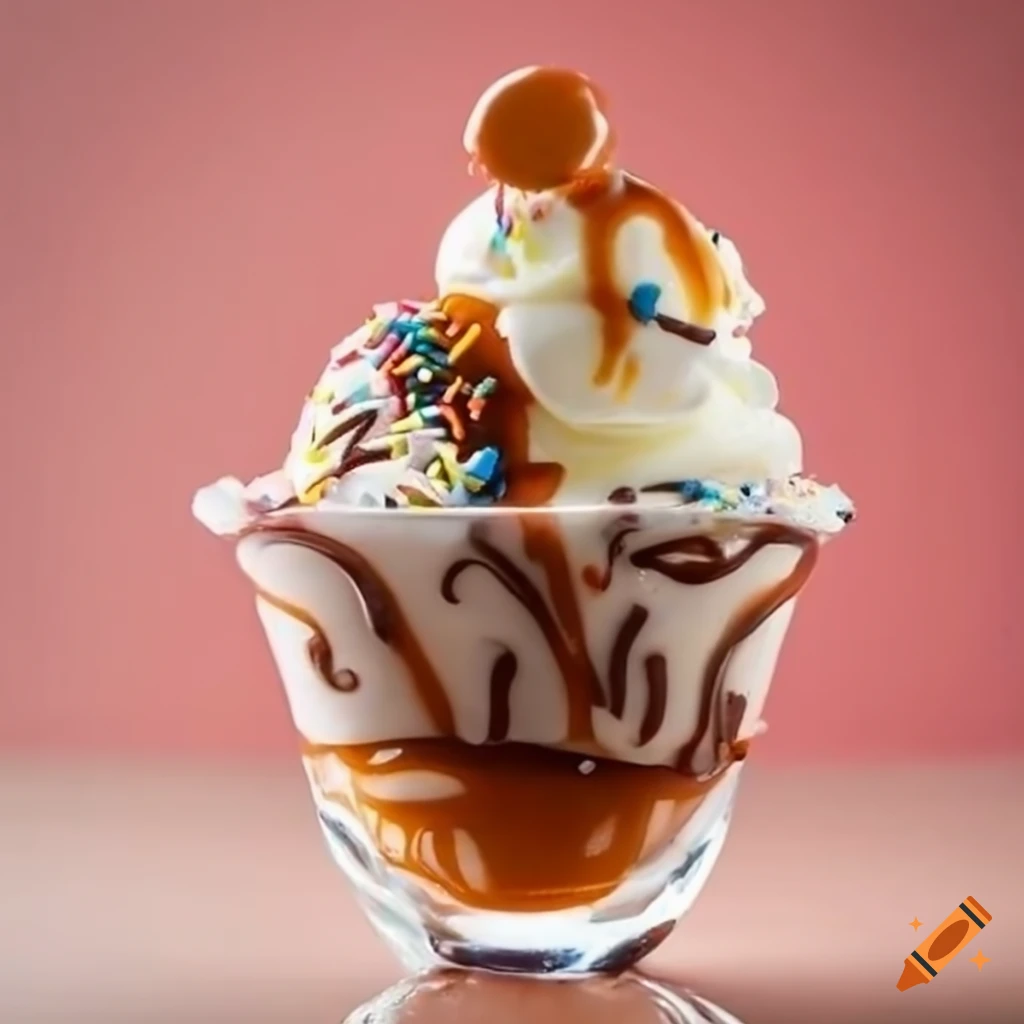 Delicious ice cream sundae with fudge, caramel, and sprinkles