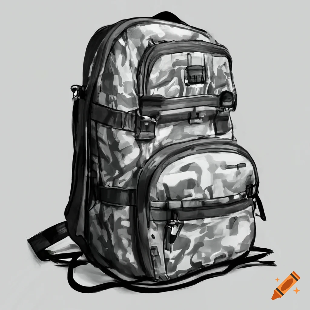 Black and white pencil drawing of a military backpack