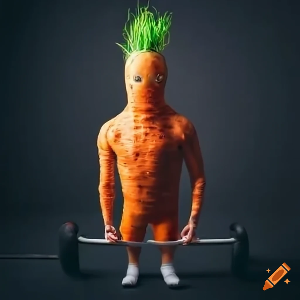 Humorous scene of a carrot-person working out in a gym on Craiyon