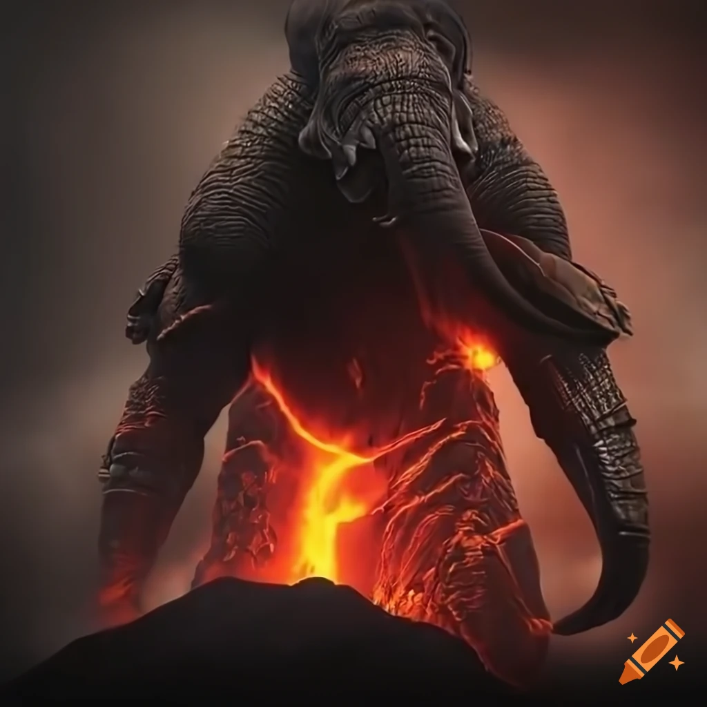 Photorealistic elephant in a volcano