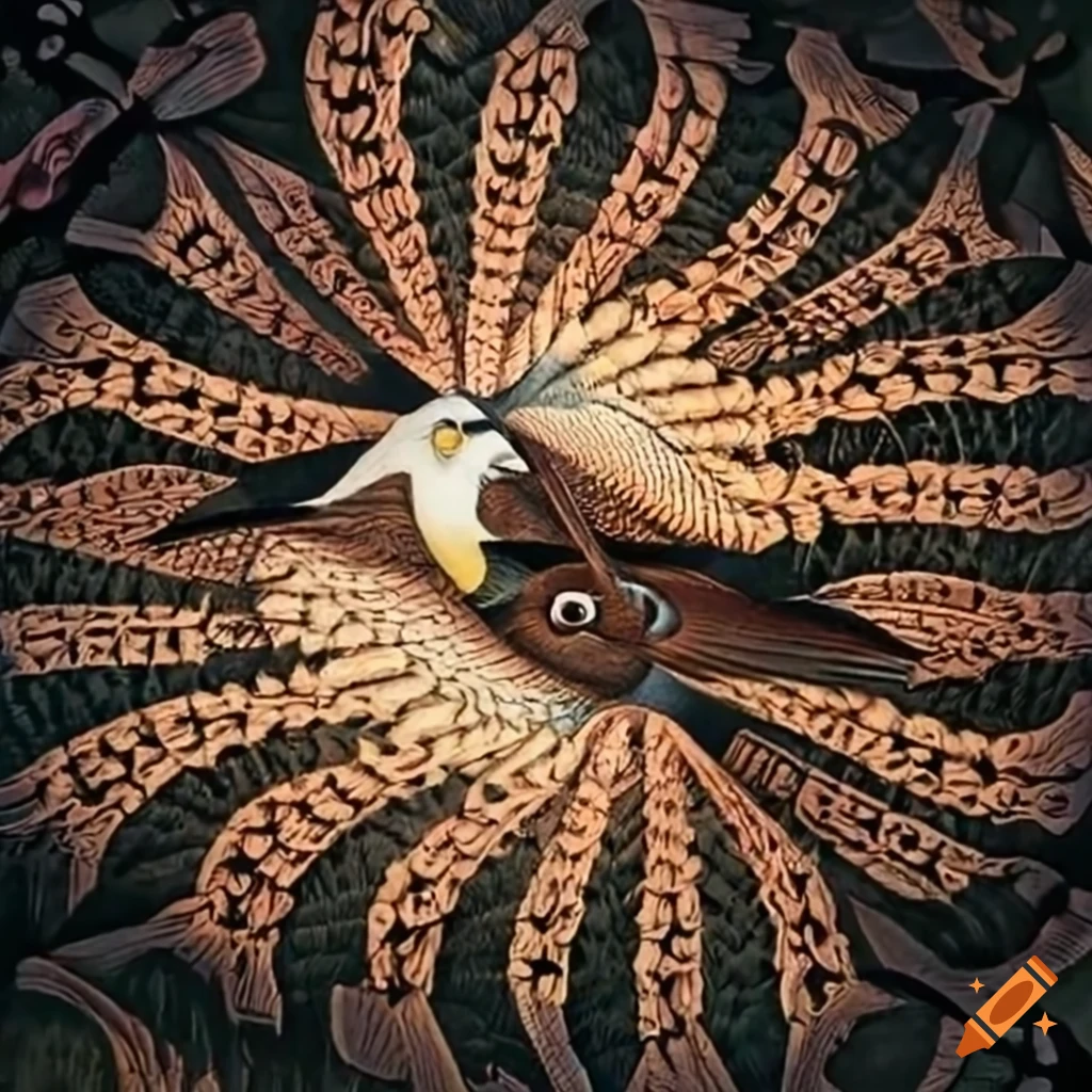 M.C. Escher artwork with birds and trees on Craiyon