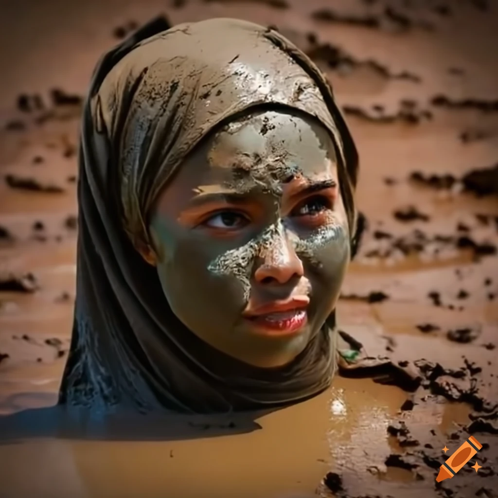 Woman in hijab covered in mud