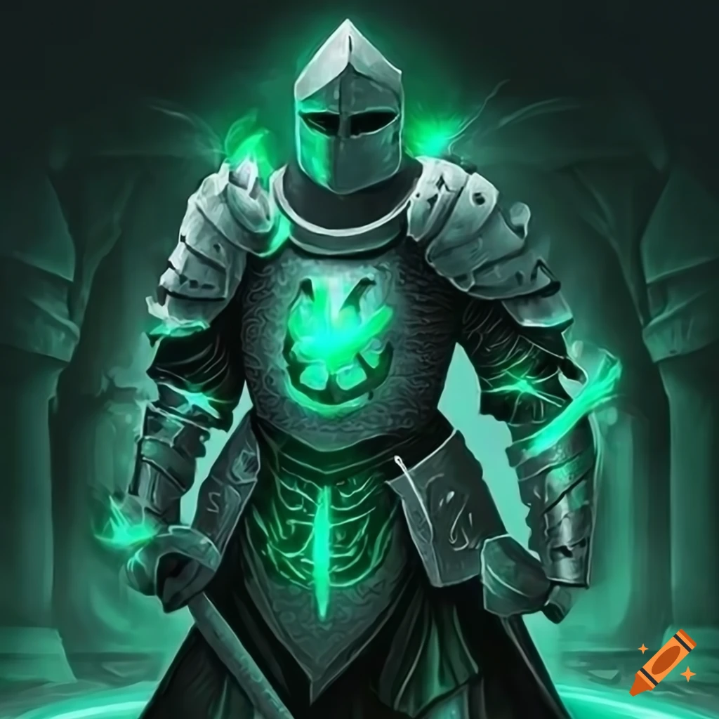 Knight with glowing green runes on his armor