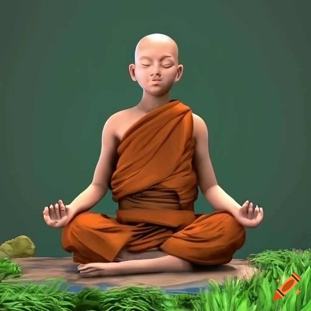 3d art of a meditating monk by the river