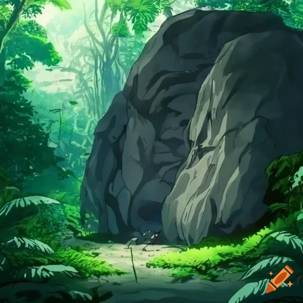 Manga-style sunny jungle with a giant gray rock