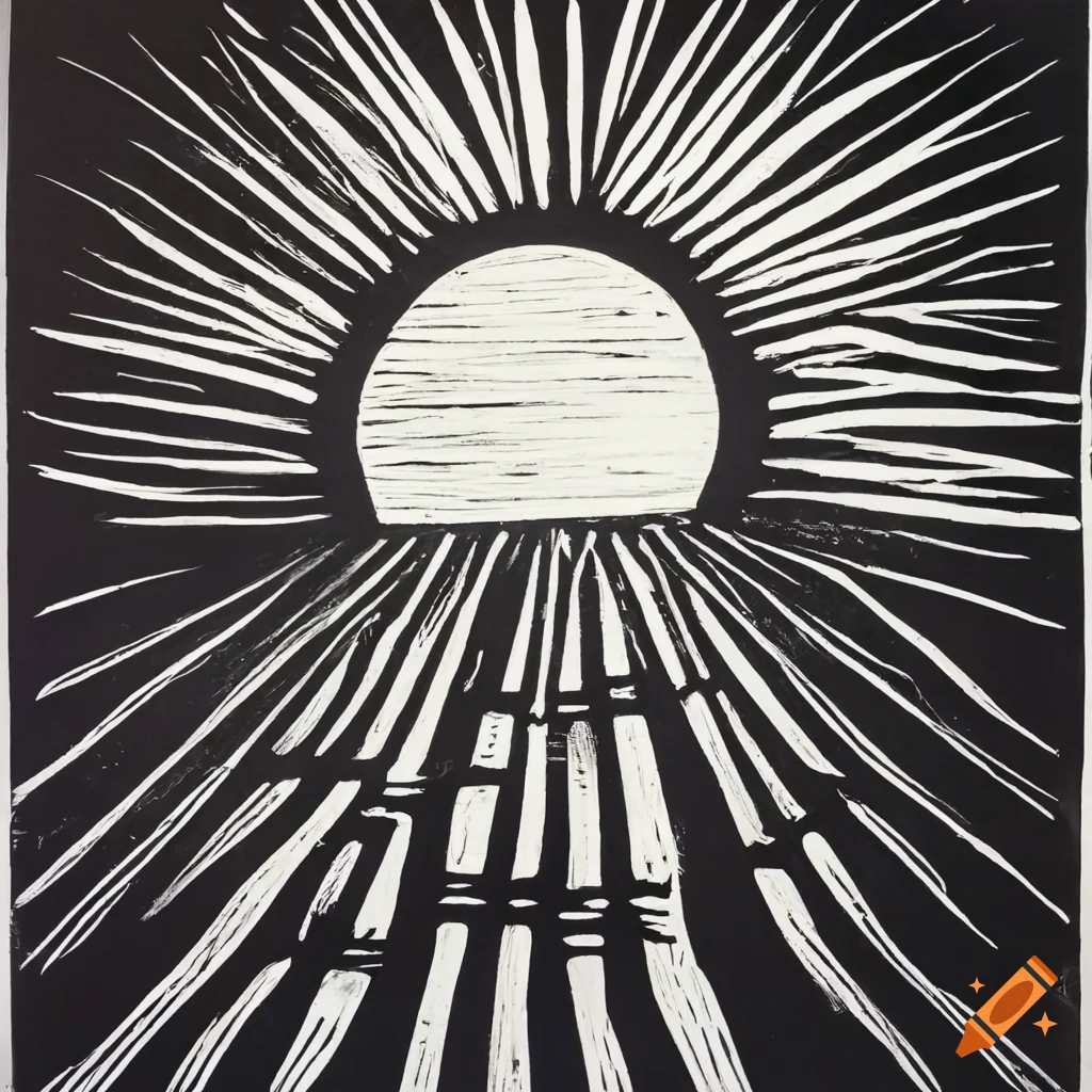 Black and white linocut print of a radiant sunset