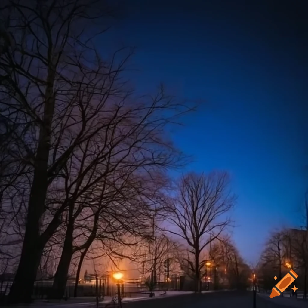 Aesthetic winter scene with warm light in a park on Craiyon