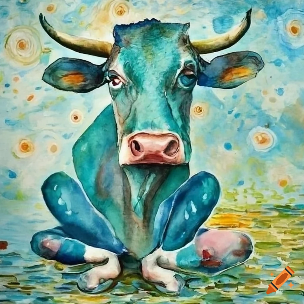 Teal cow meditating in van gogh style on Craiyon