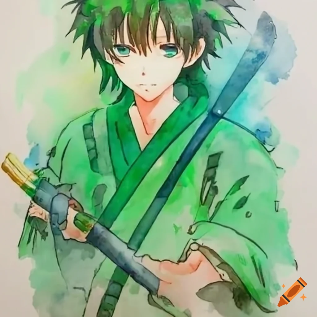 Clean image of a green anime samurai boy