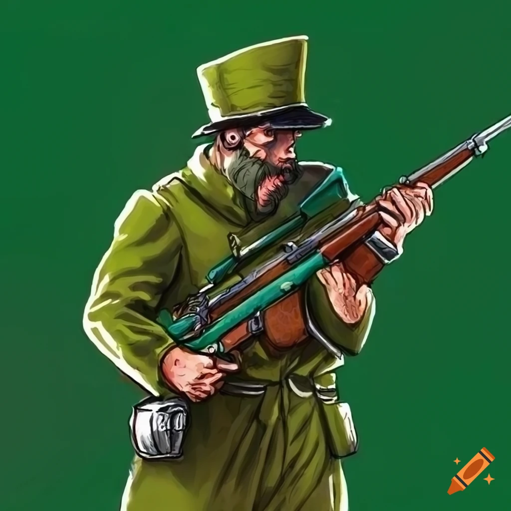 Cartoonist illustration of a soldier holding a green rifle