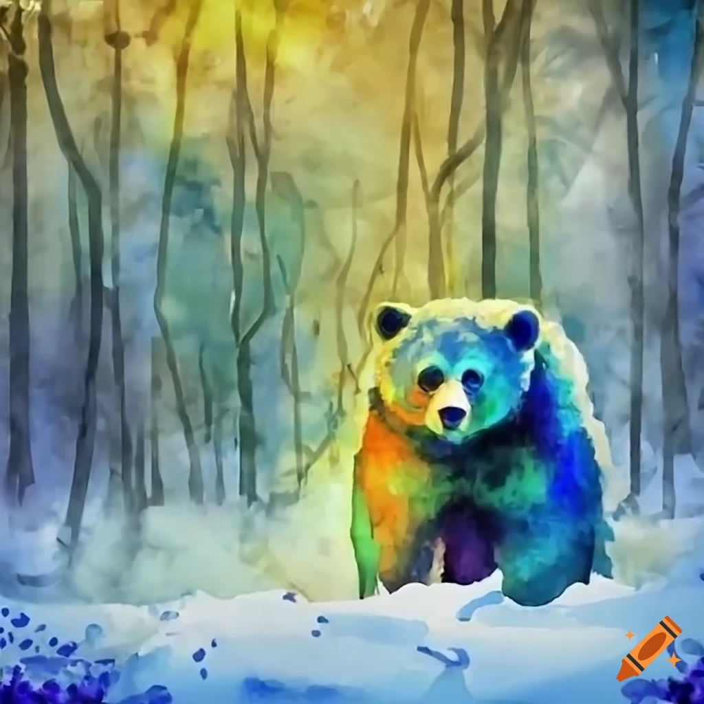 Yellow and blue bear in a snowy forest
