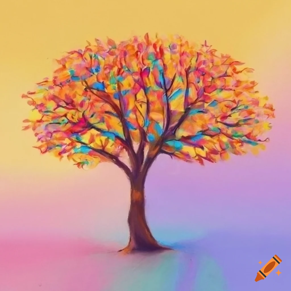 Colorful pastel drawing of tree branch with leaves