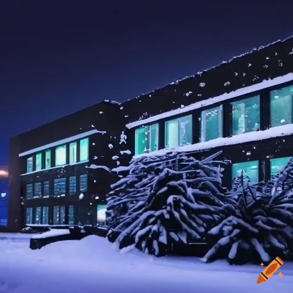 Photo of a modern college at night with falling snow