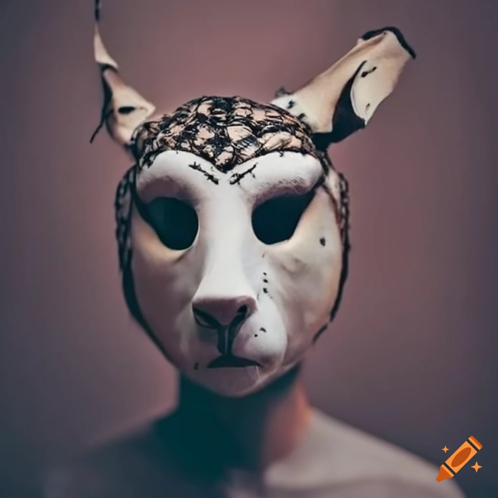 Photo of a person in an animal mask in a grand hall