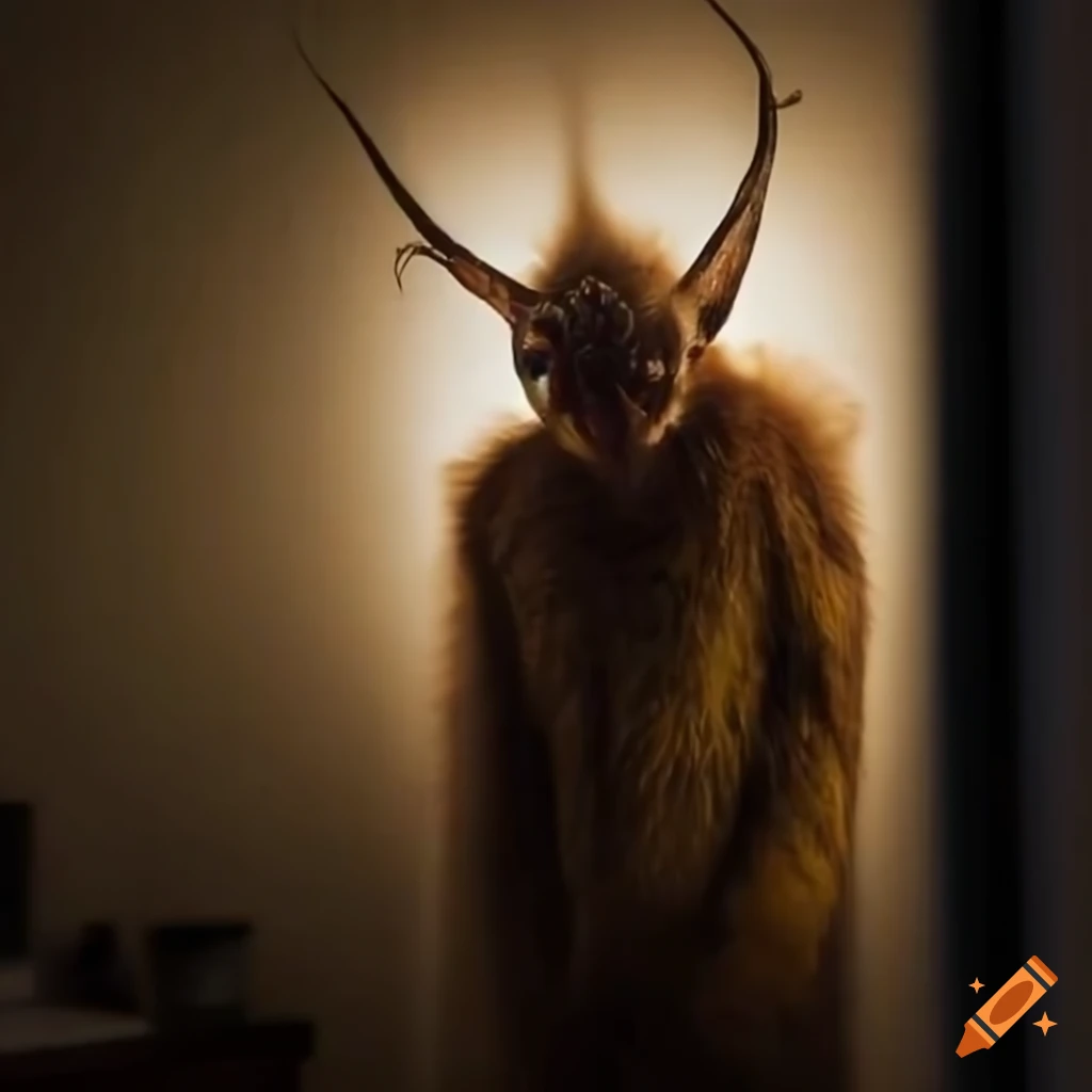Hyper realistic depiction of Mothman entering a living room at night on ...